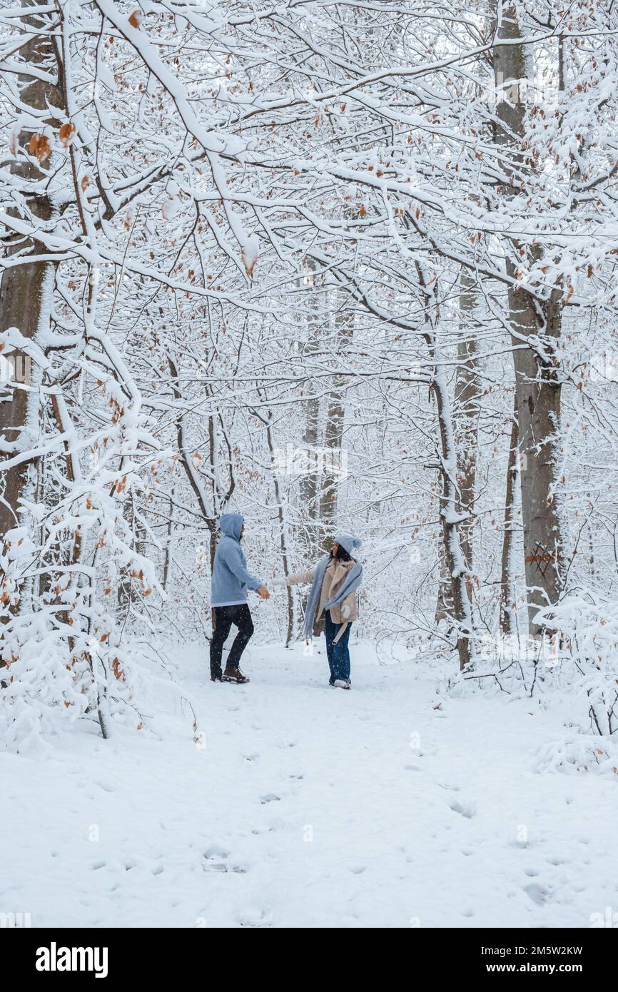 A couple is walking through the winter forest Stock Photo - Alamy