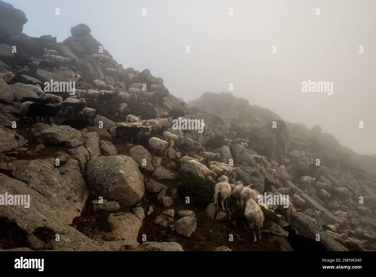 A mountain of cascading rocks under light misty sky Stock Photo - Alamy