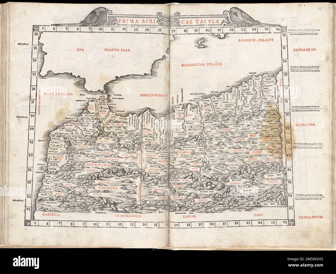 Prima Africae tabula. Map of northwest Africa. Relief shown pictorially ...
