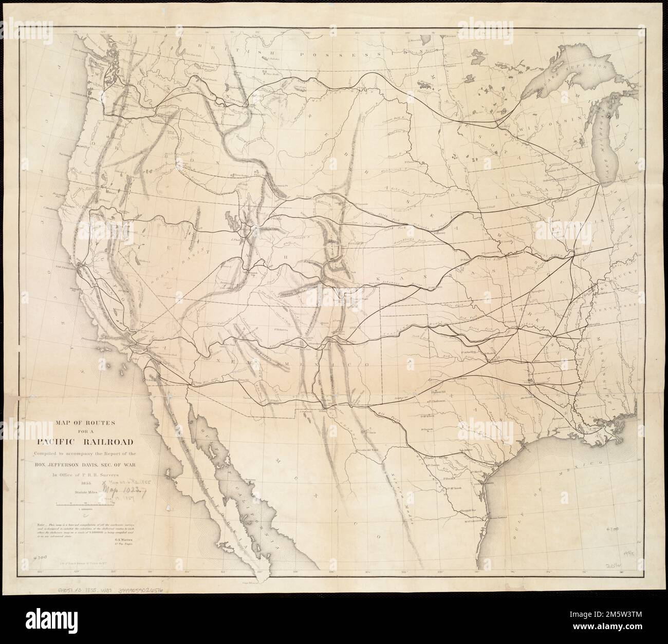 Map of routes for a Pacific railroad. Relief shown by hachures and spot ...