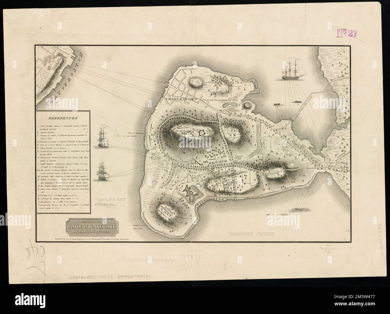 Sketch of the Battle of Bunker Hill. Relief shown by hachures. Oriented ...