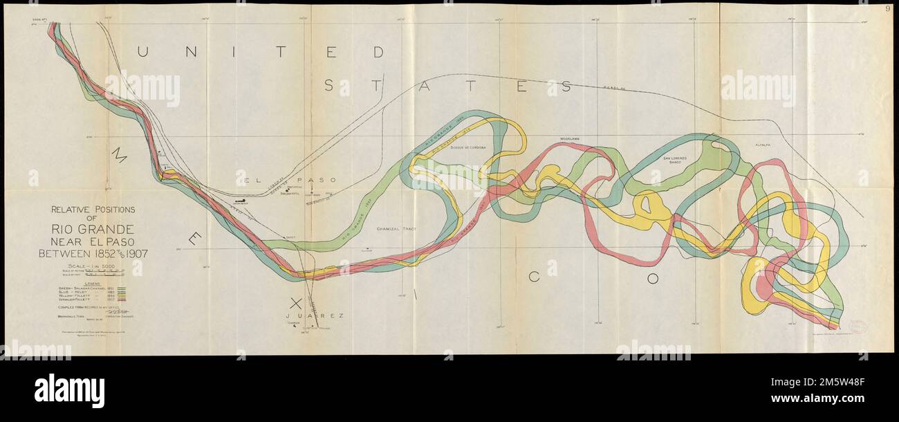 Relative positions of Rio Grande near El Paso between 1852 and 1907 ...