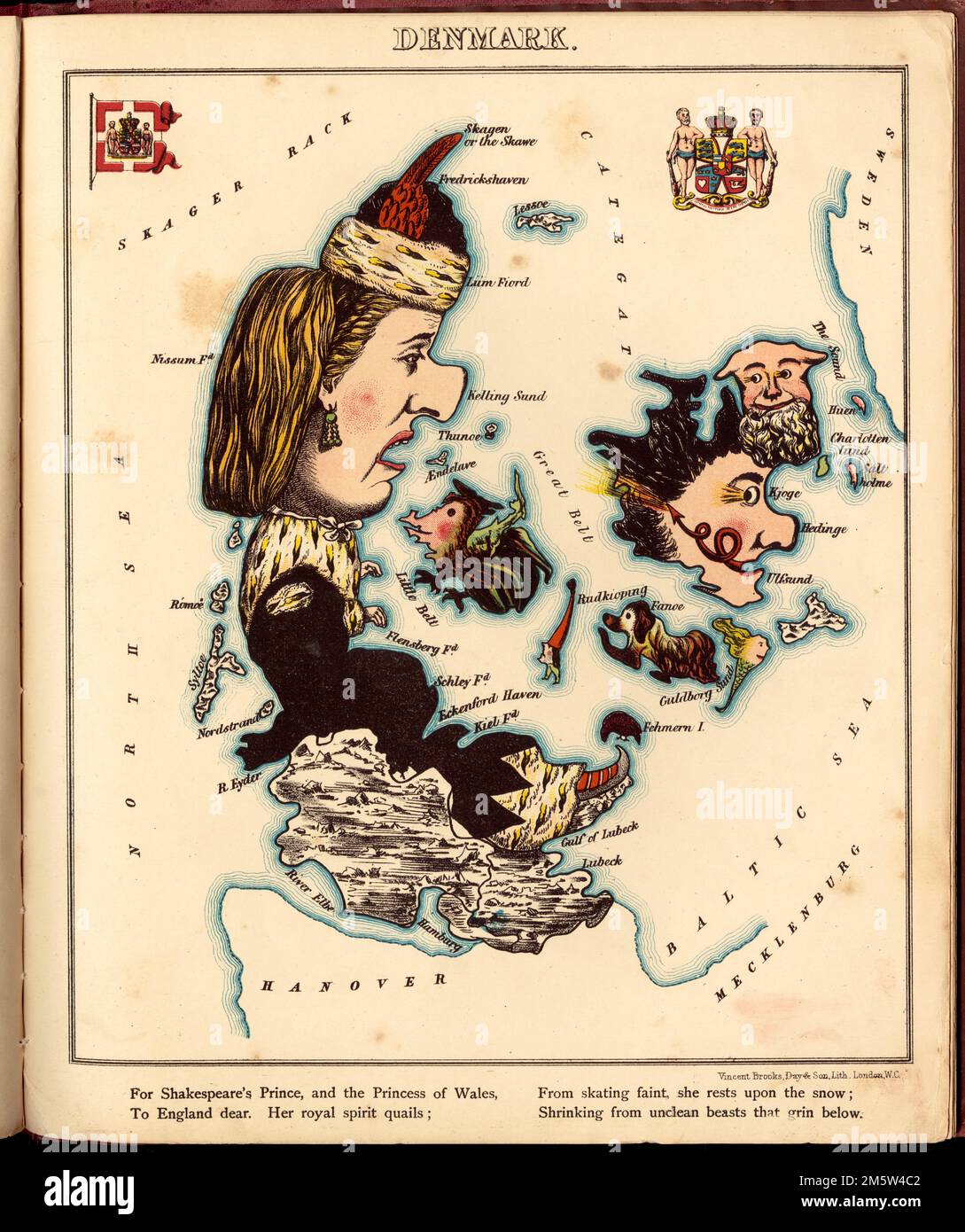 Denmark. Pictorial map depicting Denmark as a lady, animals and ...