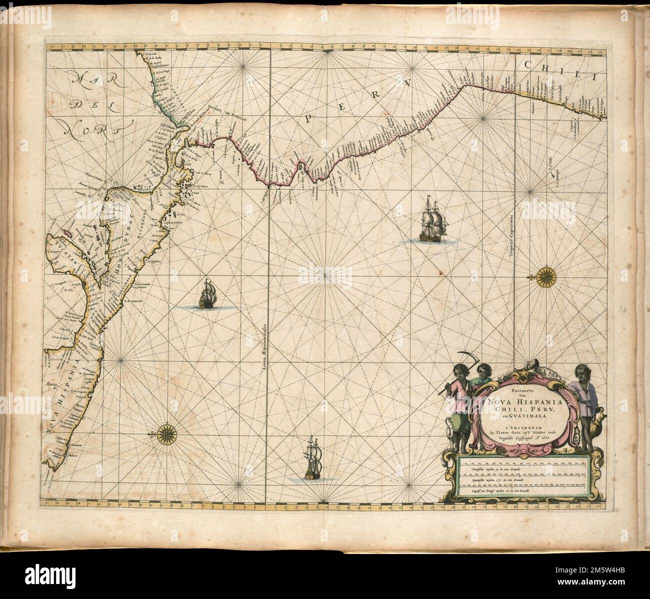 Pascaerte van Nova Hispania, Chili, Peru, en Guatimala. Nautical chart ...