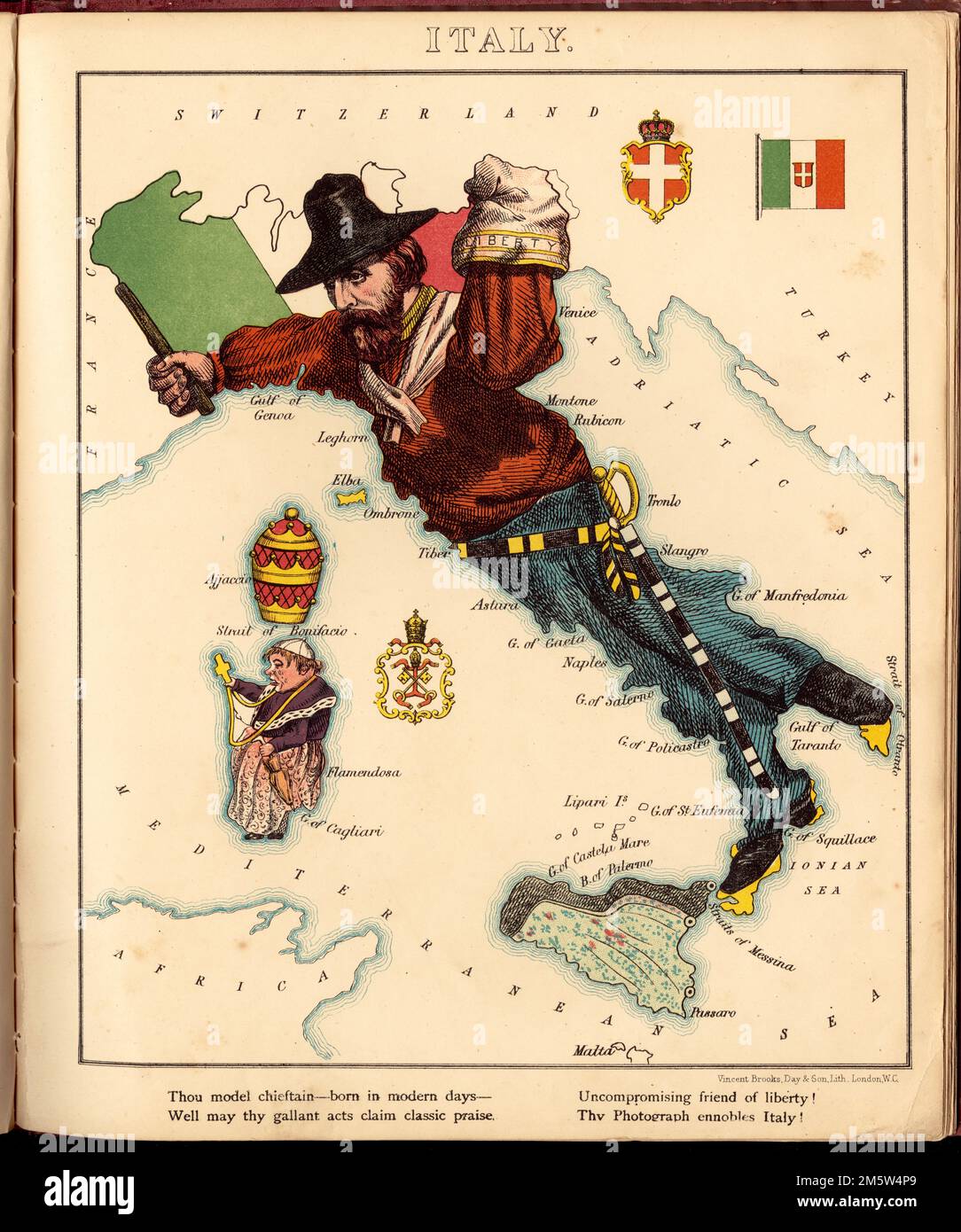 Italy. Pictorial map depicting Italy as a chieftain with a liberty cap ...