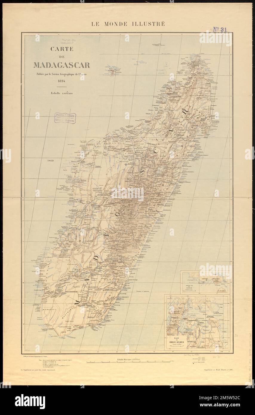 Carte de Madagascar. Relief shown by shading and spot heights. Prime ...