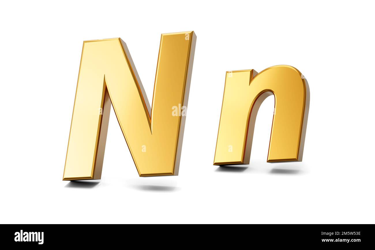 A 3d rendered illustration of a gold n letter icon on white background ...