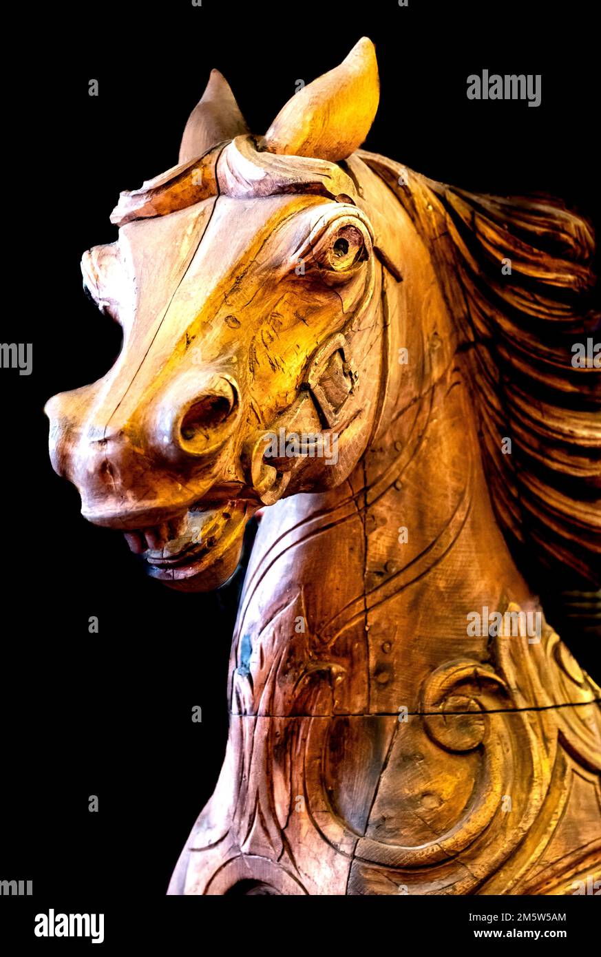 Carved vintage carousel ride horse at Dingles Heritage fairground in ...