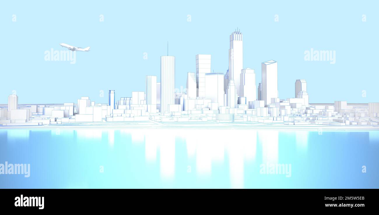 low poly white plain cityscape with shore and airplane. 3d rendering ...