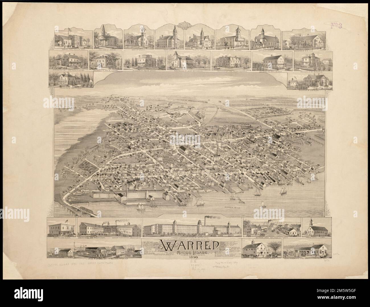 Warren, Rhode Island. Bird's-eye view from the west. Includes key to ...