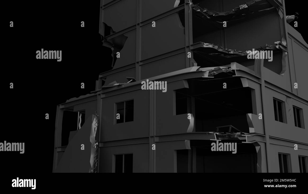dark destroyed black building close up. 3d rendering Stock Photo - Alamy