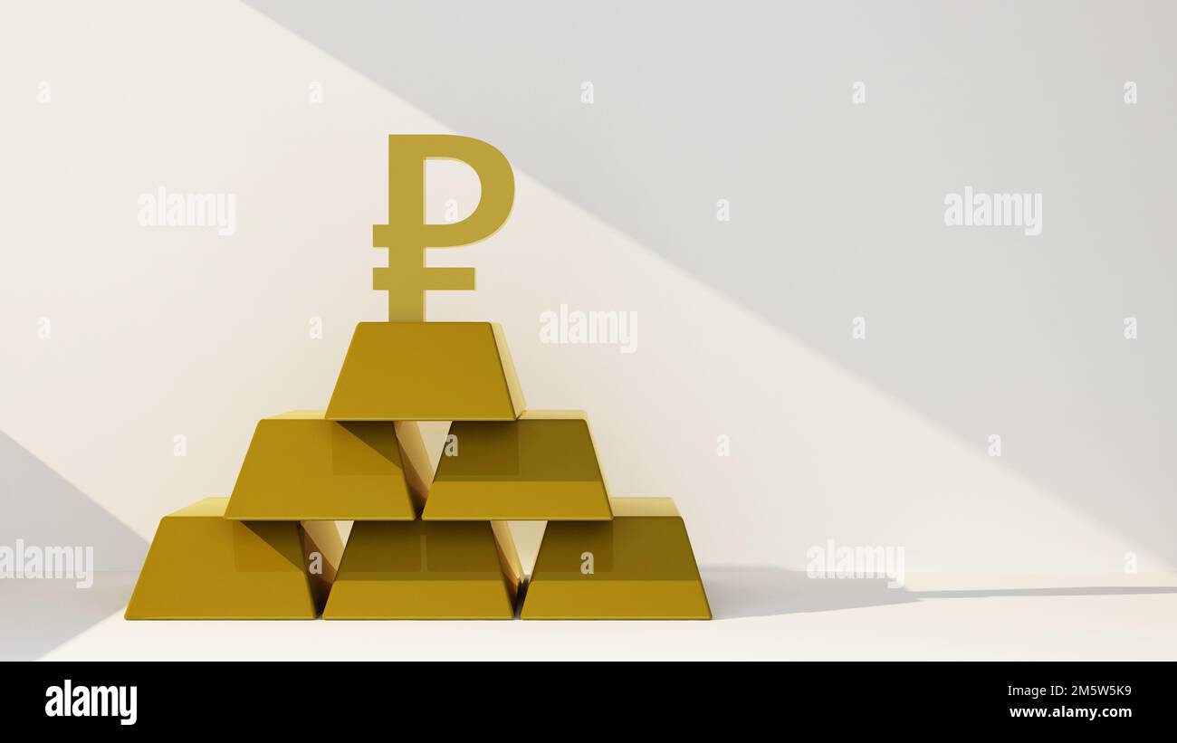 gold bars with ruble currency symbol with copy space. 3d rendering ...