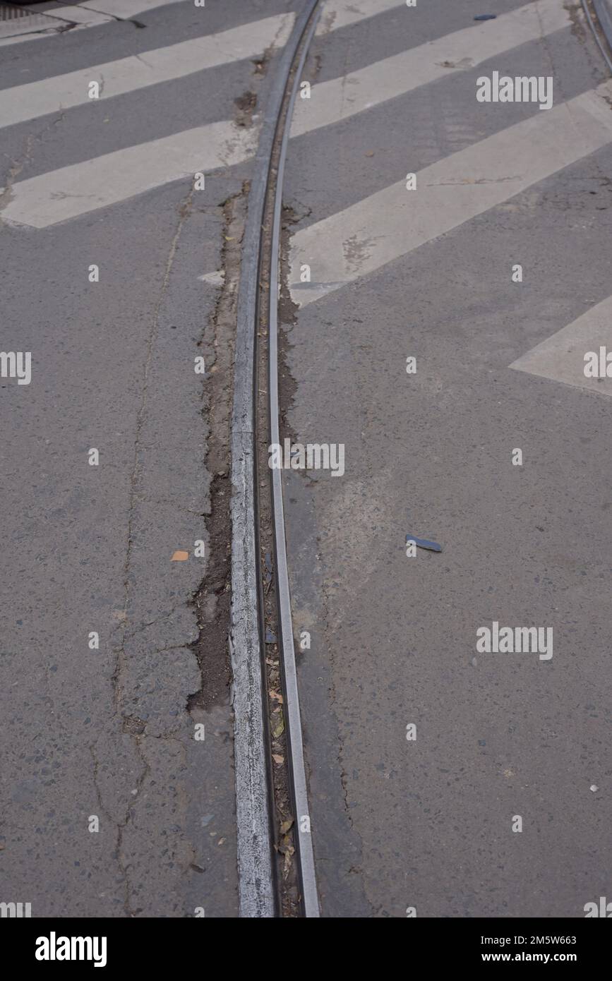Very worn and damaged tram lines permanent way of the Bucharest tram ...