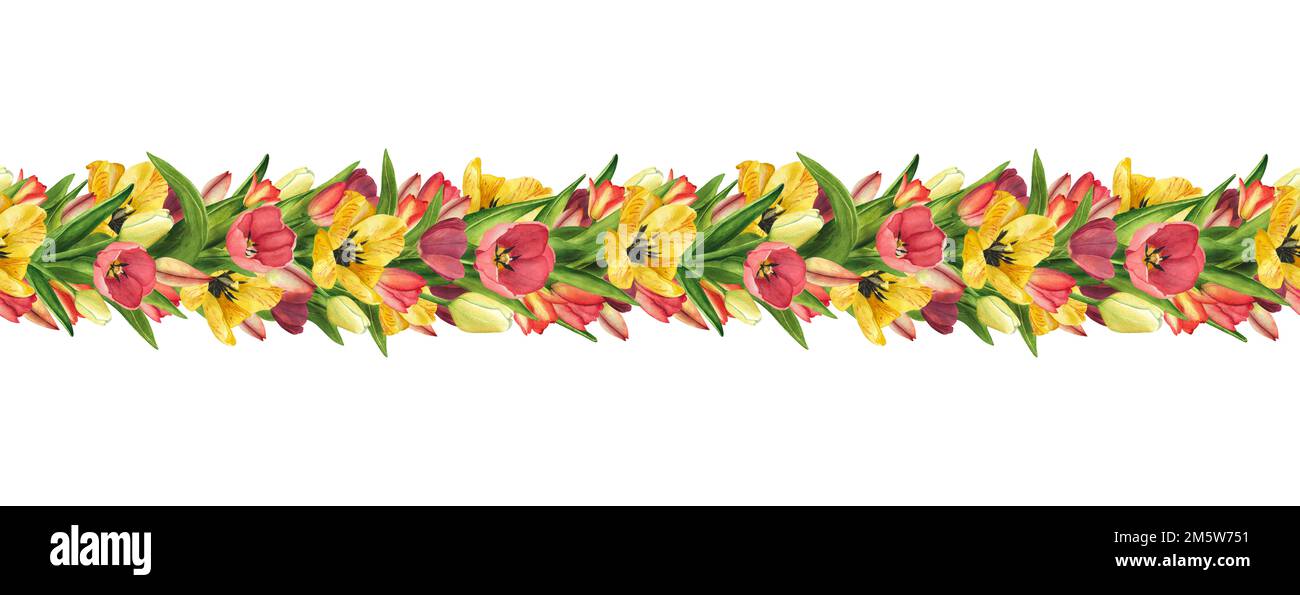 Seamless Border Garland with Tulips yellow and red isolated on white ...