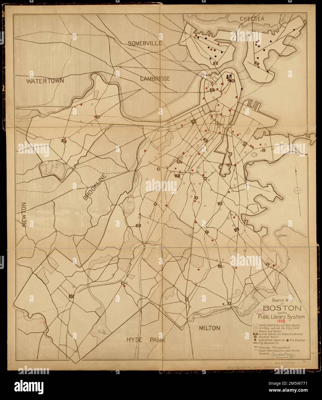 Sketch map of Boston and the Public Library system. Oriented with north ...