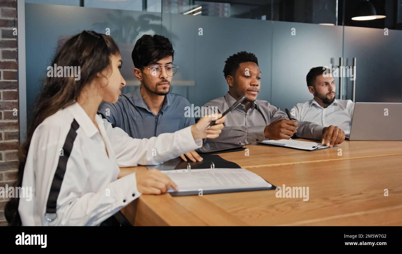 Multiracial female leader manager woman businesswoman talking to ...