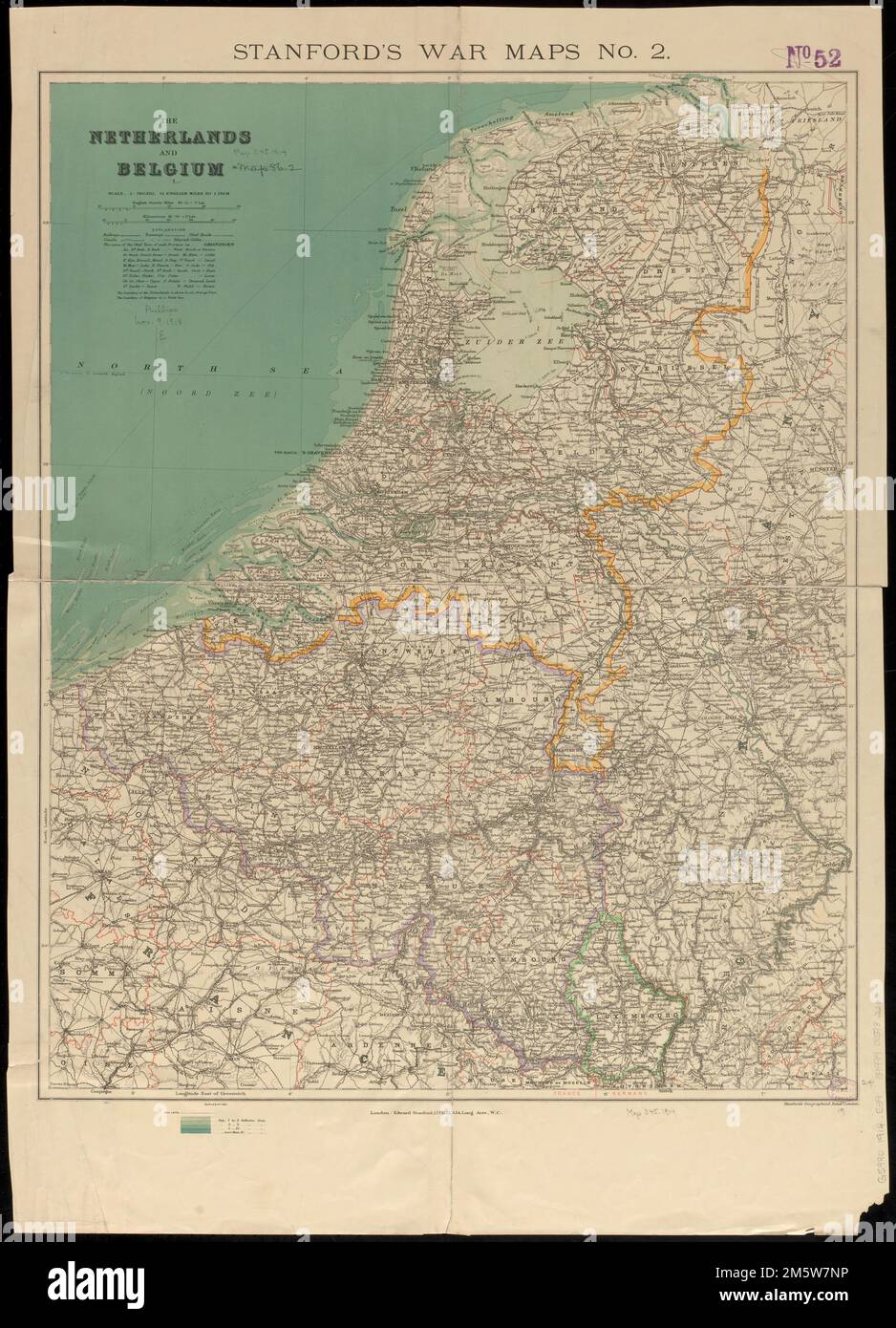The Netherlands and Belgium. Relief shown by hachures. Depths shown by ...