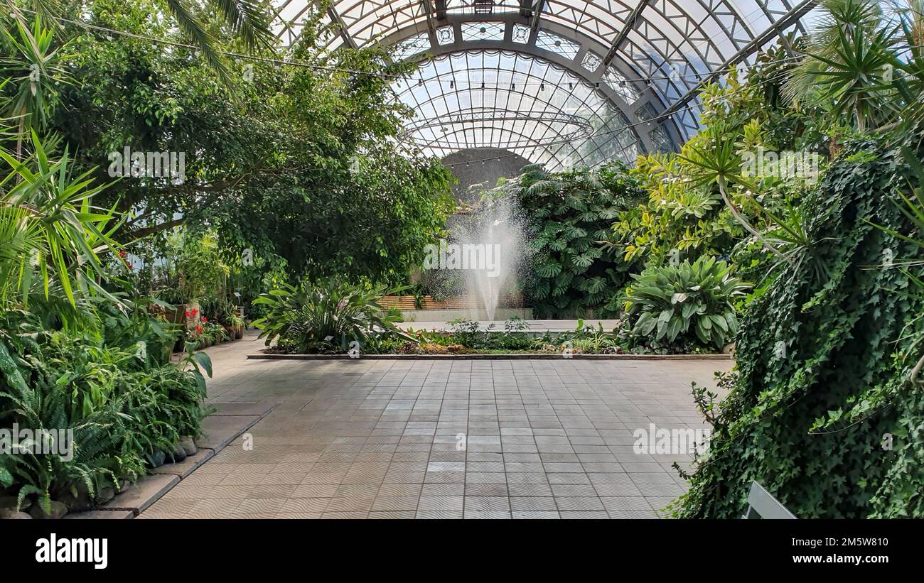 Tropical botanical garden building, roof and structure, fountain Stock ...