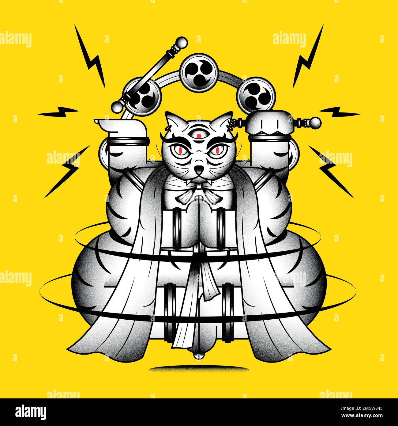 Bakeneko with Raijin drums, Japanese monster cat element on a yellow ...