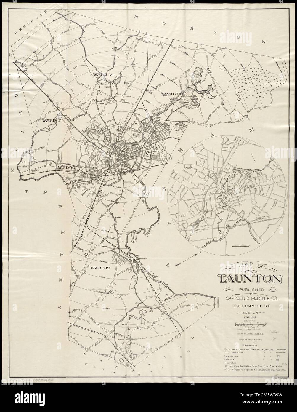 Map of Taunton. Oriented with north toward the upper right. Inset ...