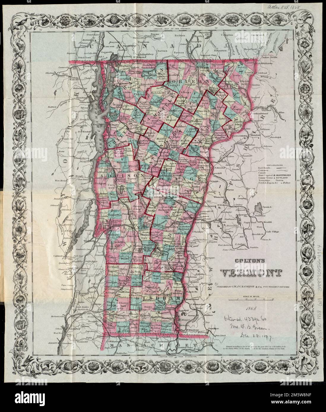 Colton's Vermont. Relief shown by hachures. Prime meridians: Washington ...