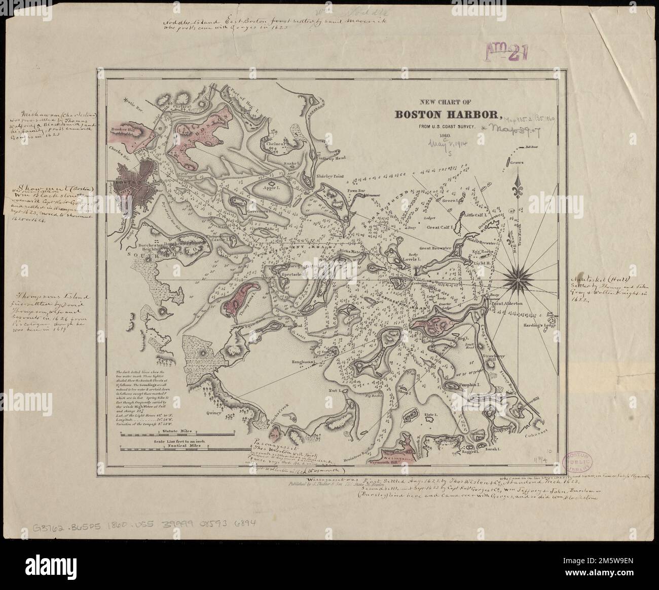 New chart of Boston Harbor. Relief shown by hachures. Depths shown by ...