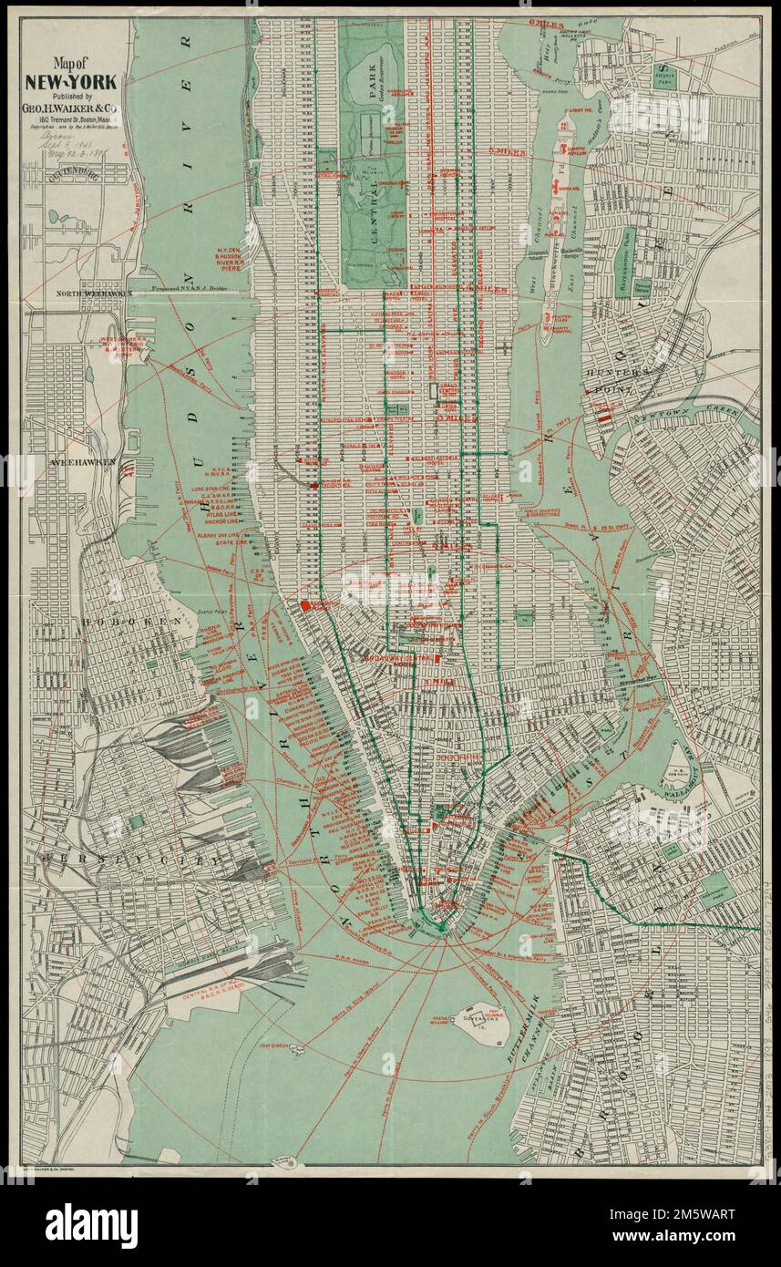 Map of New-York. Shows railroads, piers, and ferries. Oriented with ...