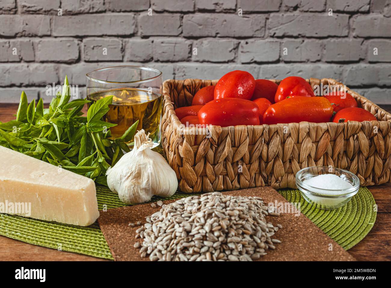 Food photography, making tomato pesto, with tomatoes (Solanum ...