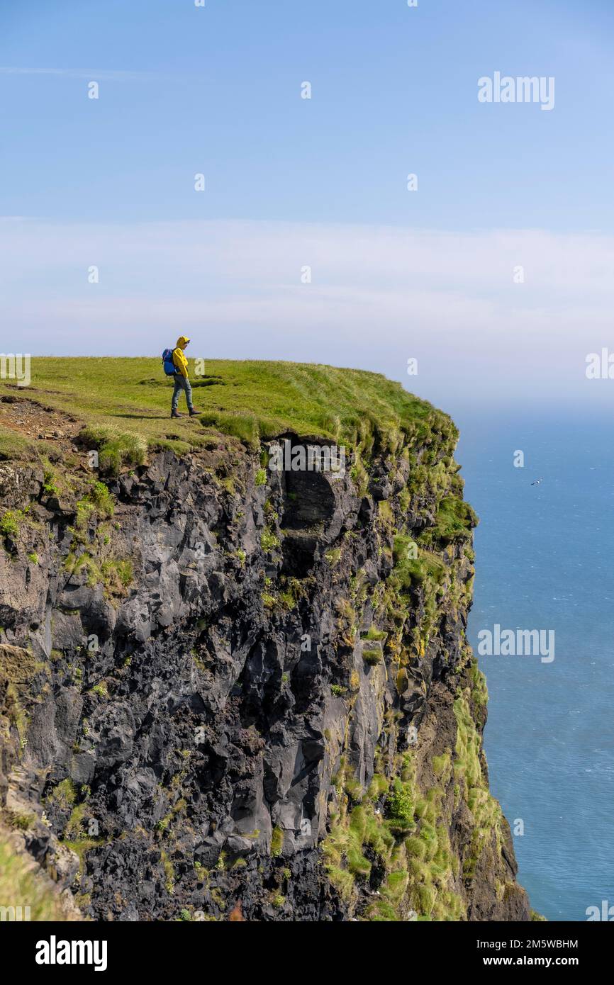 Tourist at the edge of a rock cliff, steep coast, at Reynisfjara beach ...