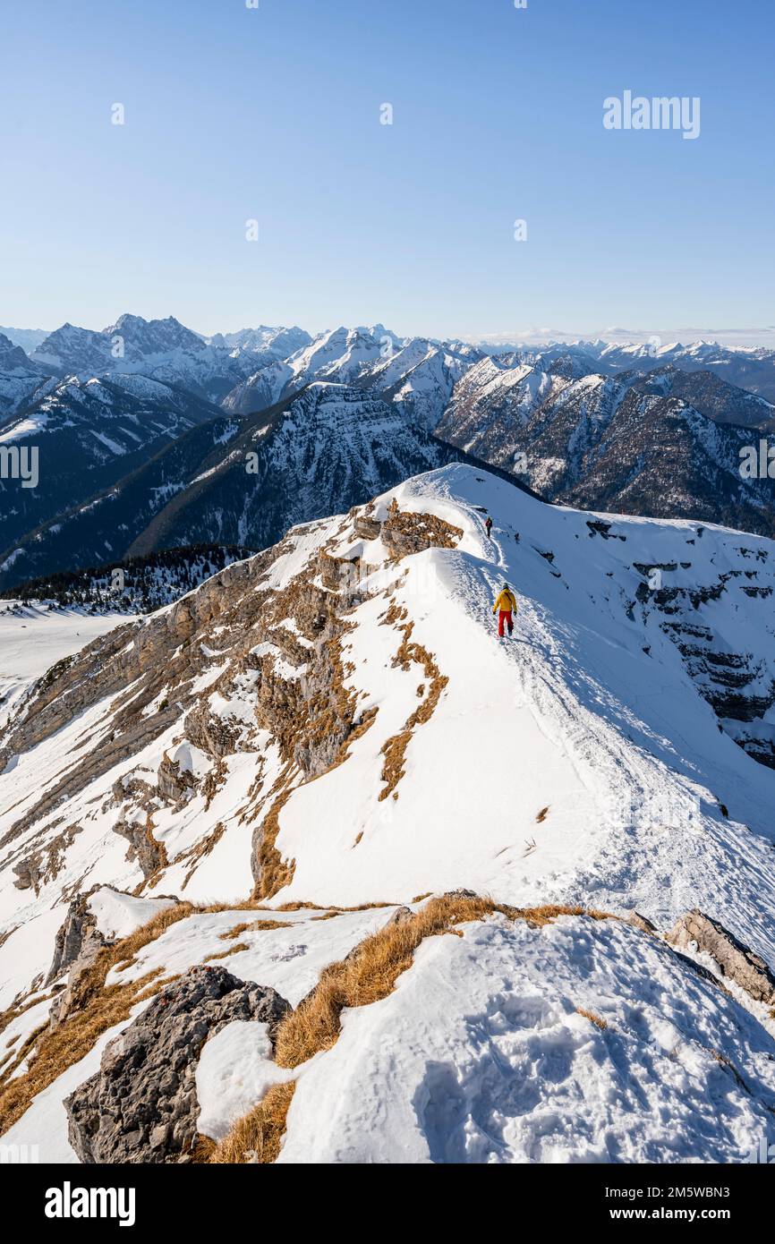 Two ski tourers at the summit of Schafreuter, view of snowy mountain ...