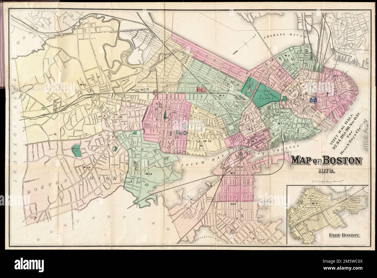 Map of Boston 1872. Oriented with north to the upper right. Inset: East ...