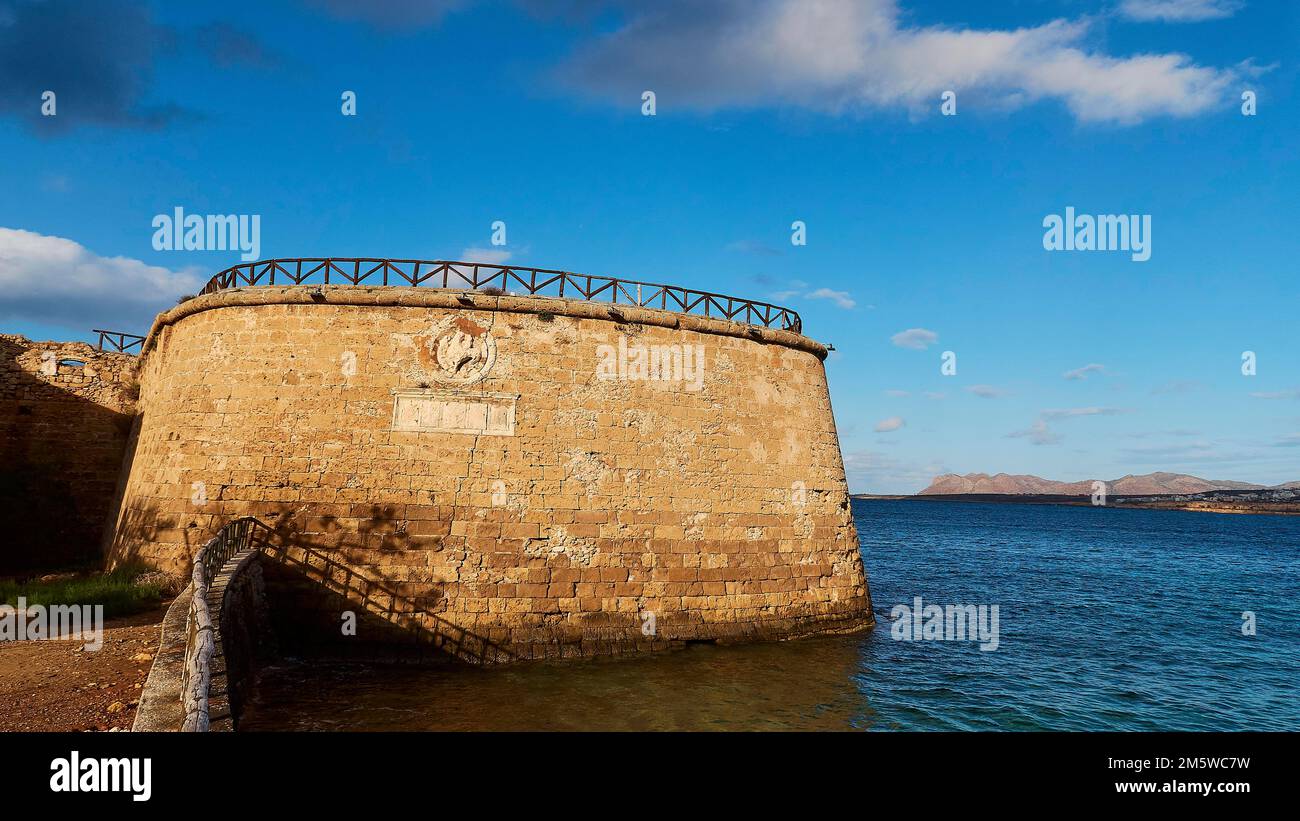 Venetian harbour, harbour fort, blue sky with white-grey clouds, Chania ...