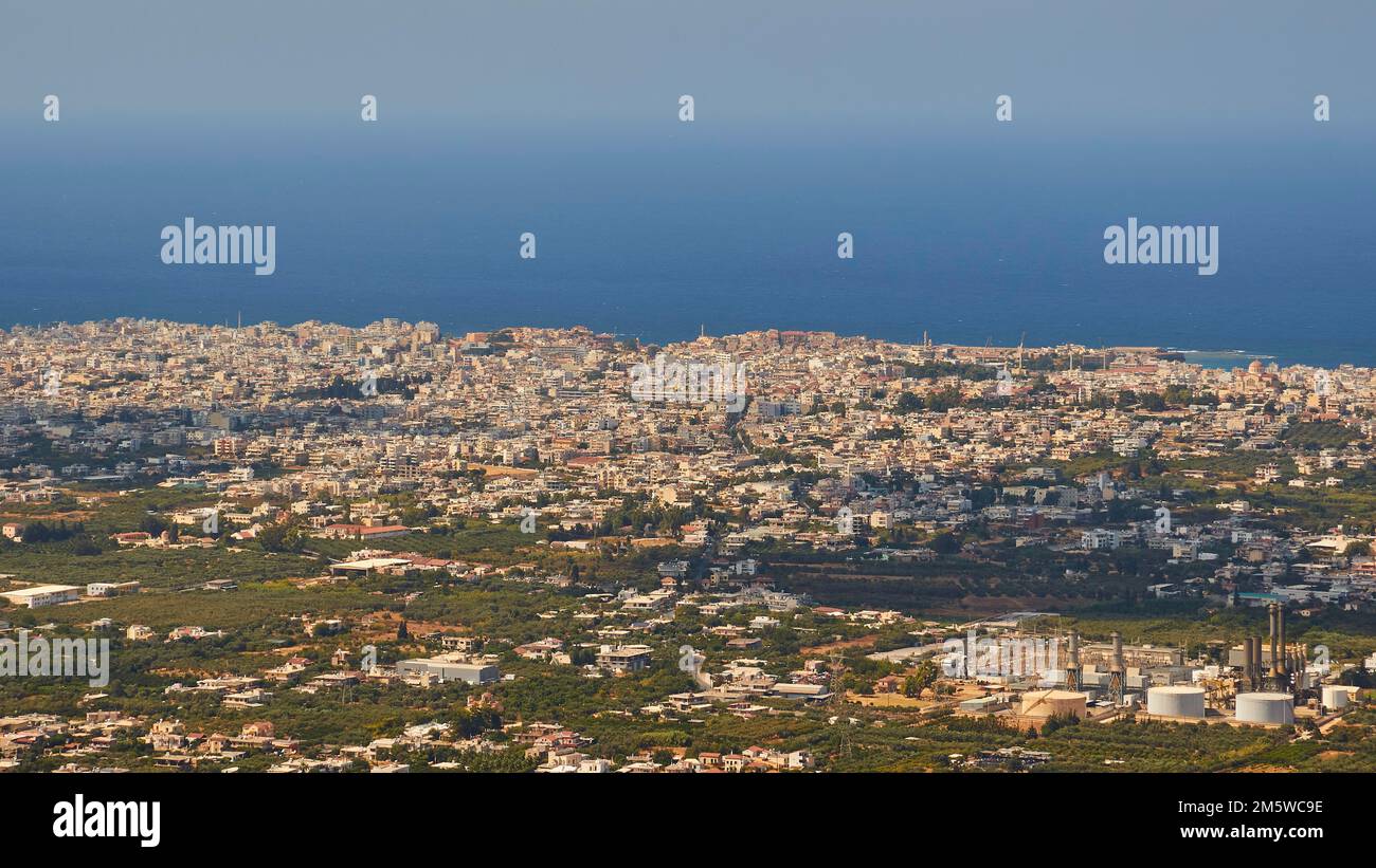 Blue cloudless sky, view of the whole city from above, Chania, West ...