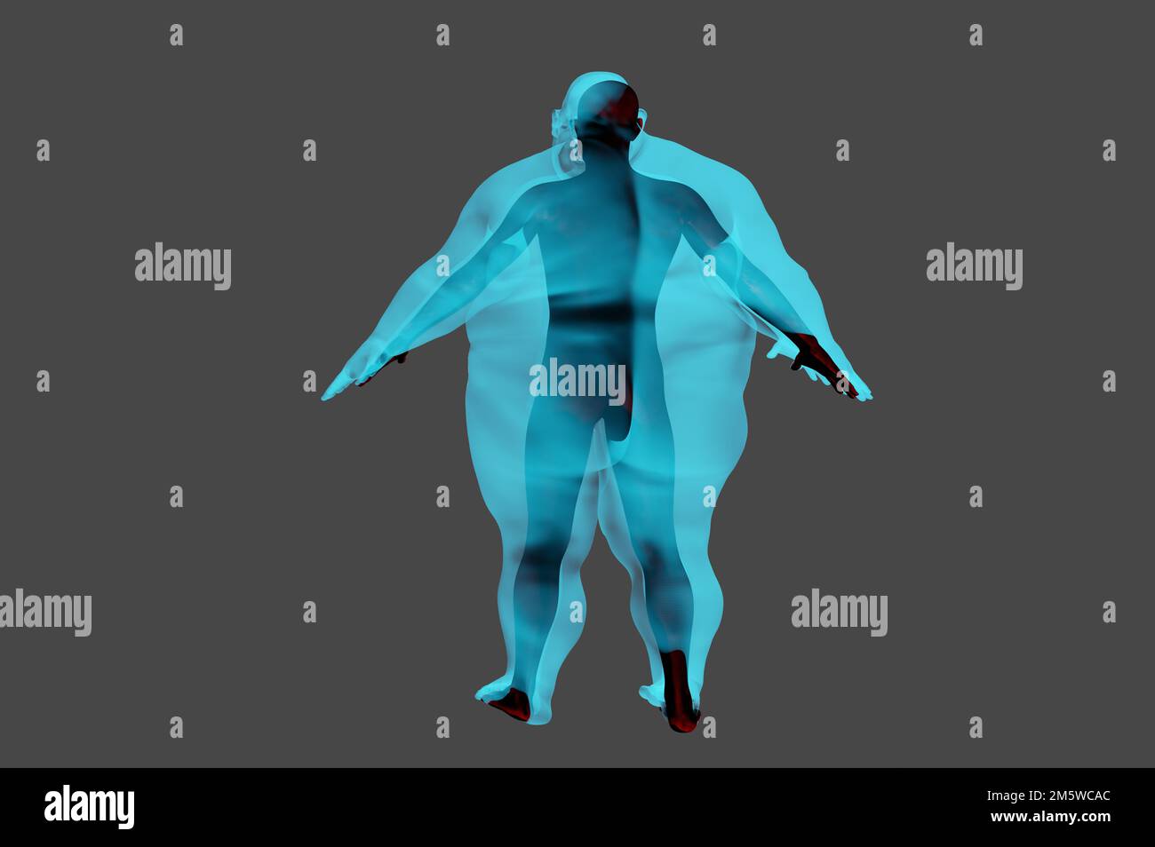 3D render. Athletic man inside an obese body on a gray background. Copy ...