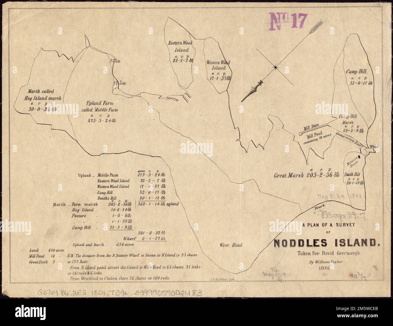 A plan of a survey of Noddles Island. Oriented with north toward the ...