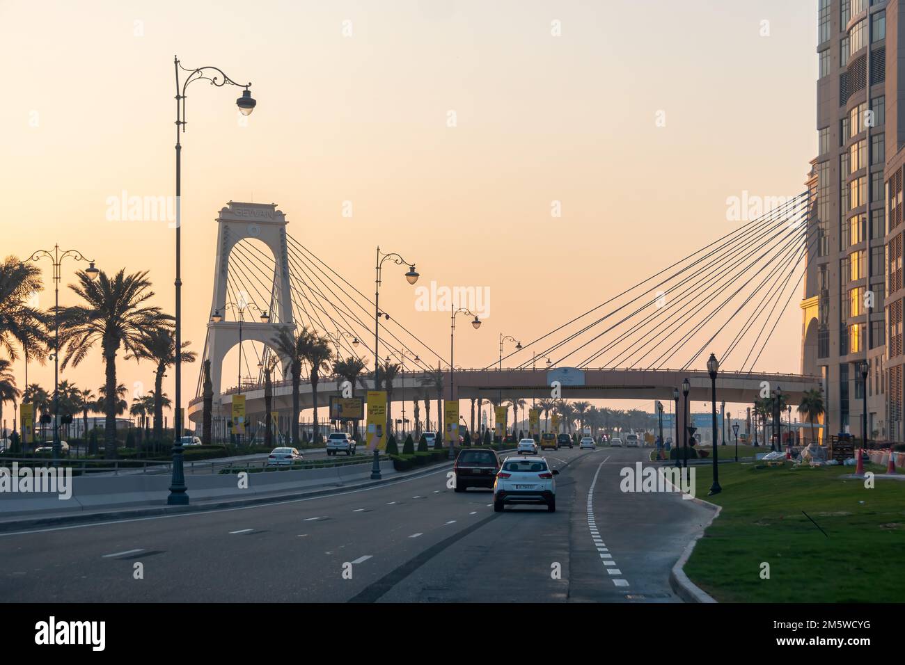 Pearl Qatar Gewan Bridge view at sunset time Stock Photo - Alamy
