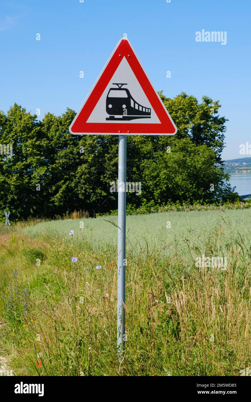 Level crossing, traffic sign, Lake Constance, Baden-Wuerttemberg ...
