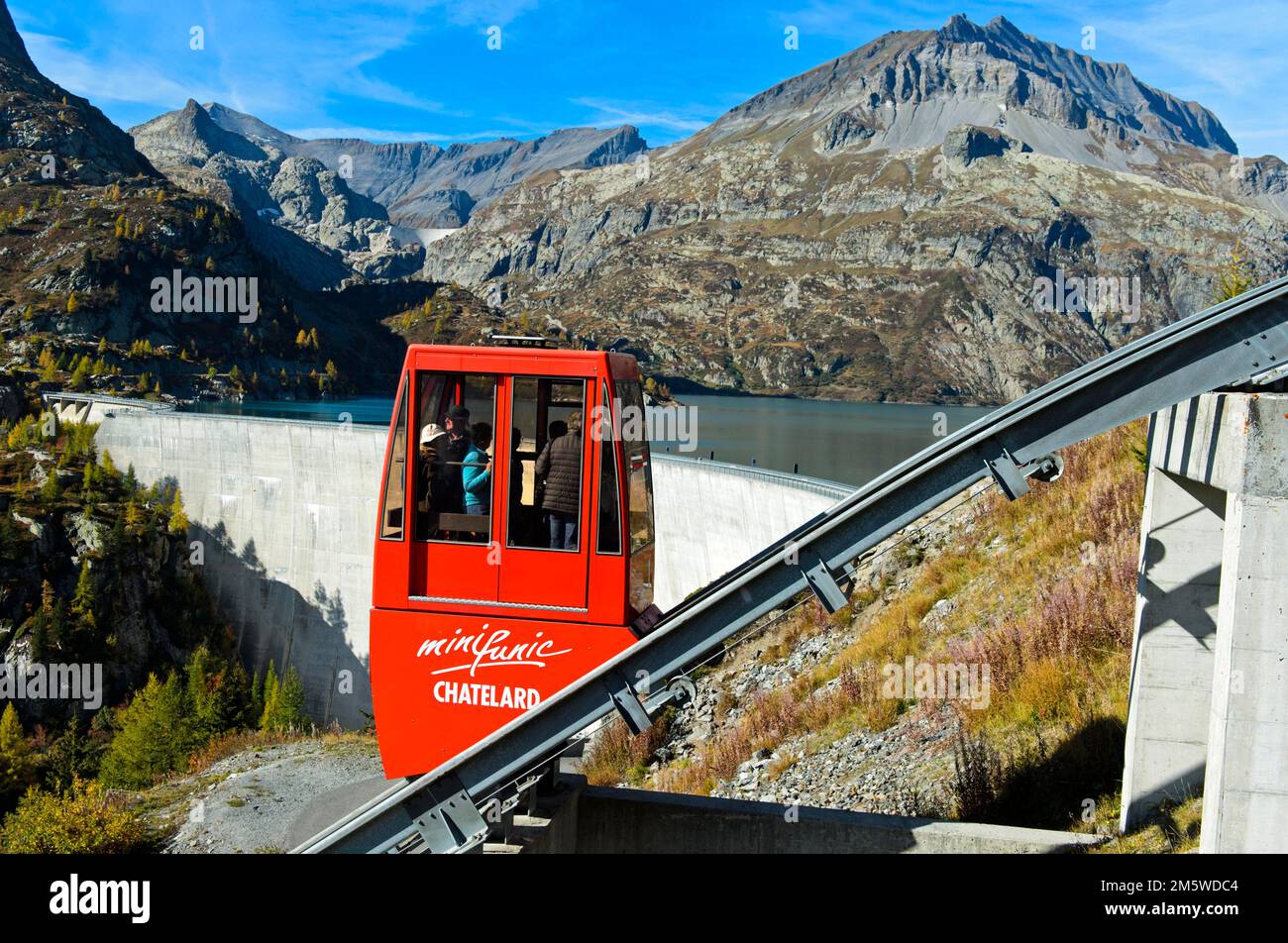 Red carriage of the funicular Minifunic at the Chatelard amusement park ...