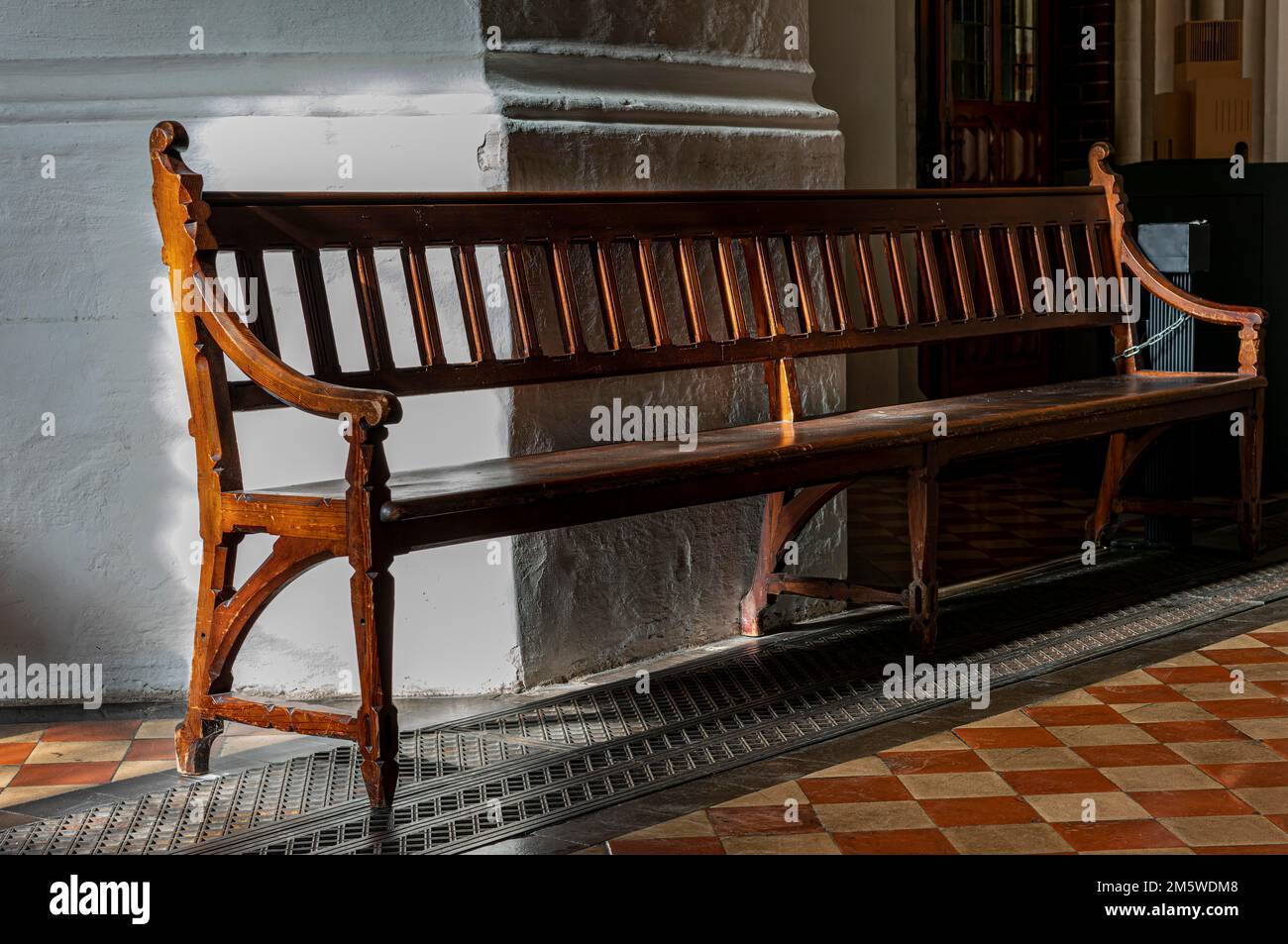 Window and wooden bench in St. Mary's Church at Alexanderplatz, Berlin ...