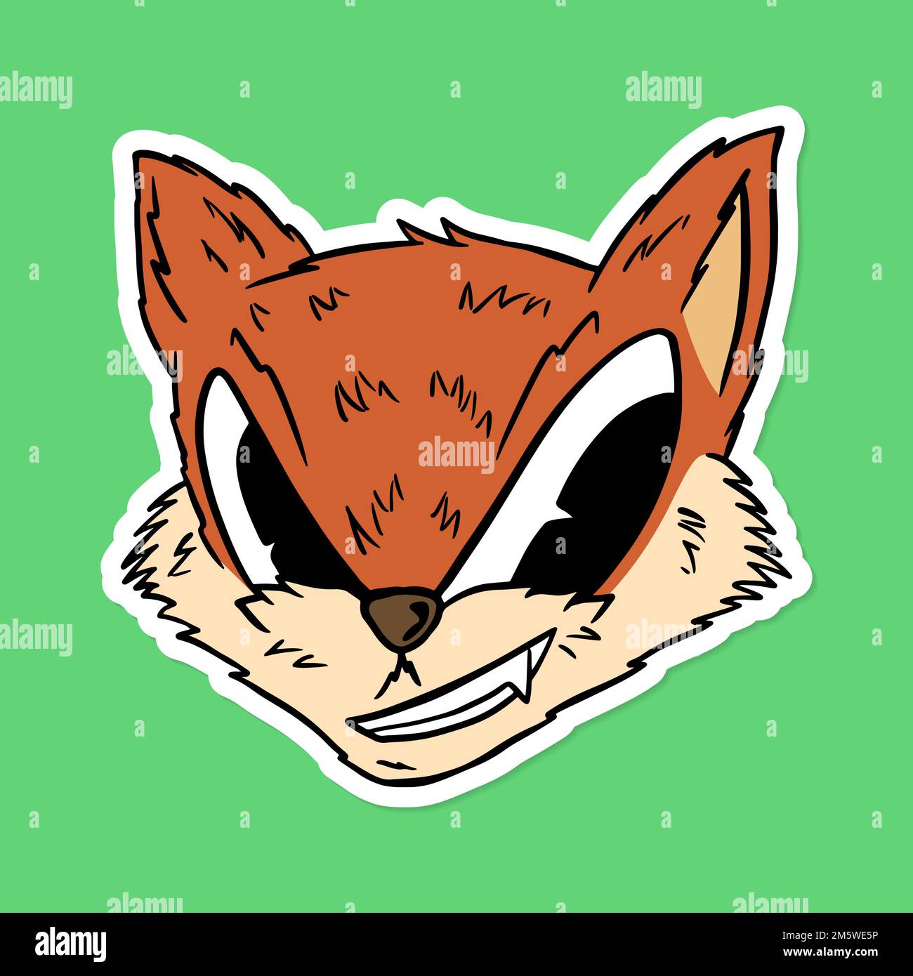 Cunning fox sticker overlay with a white border on a green background ...