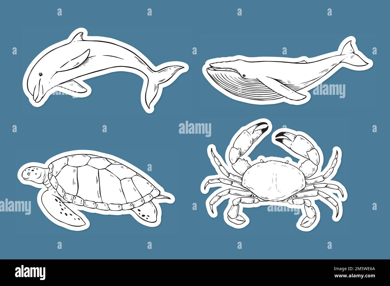 Vector sea animal sticker collection black and white Stock Vector Image ...