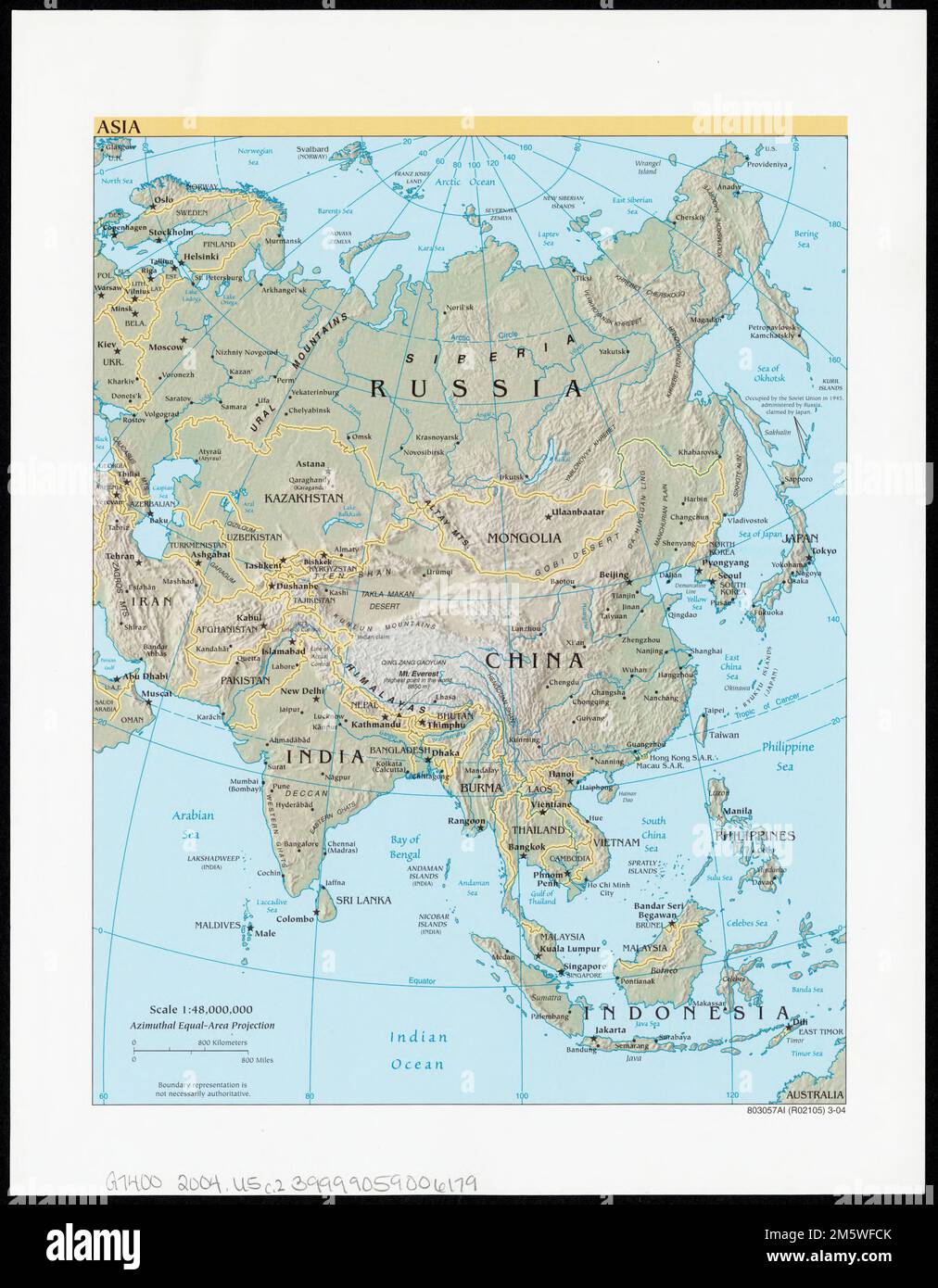 Asia. Relief shown by shading. Shows countries, capital cities, and ...