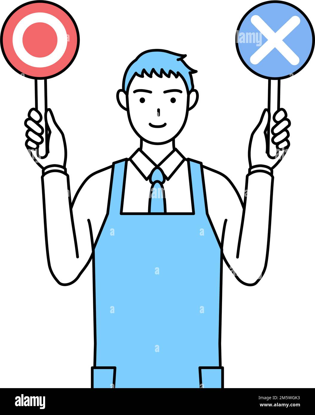A man in an apron holding a stick indicating correct and incorrect ...