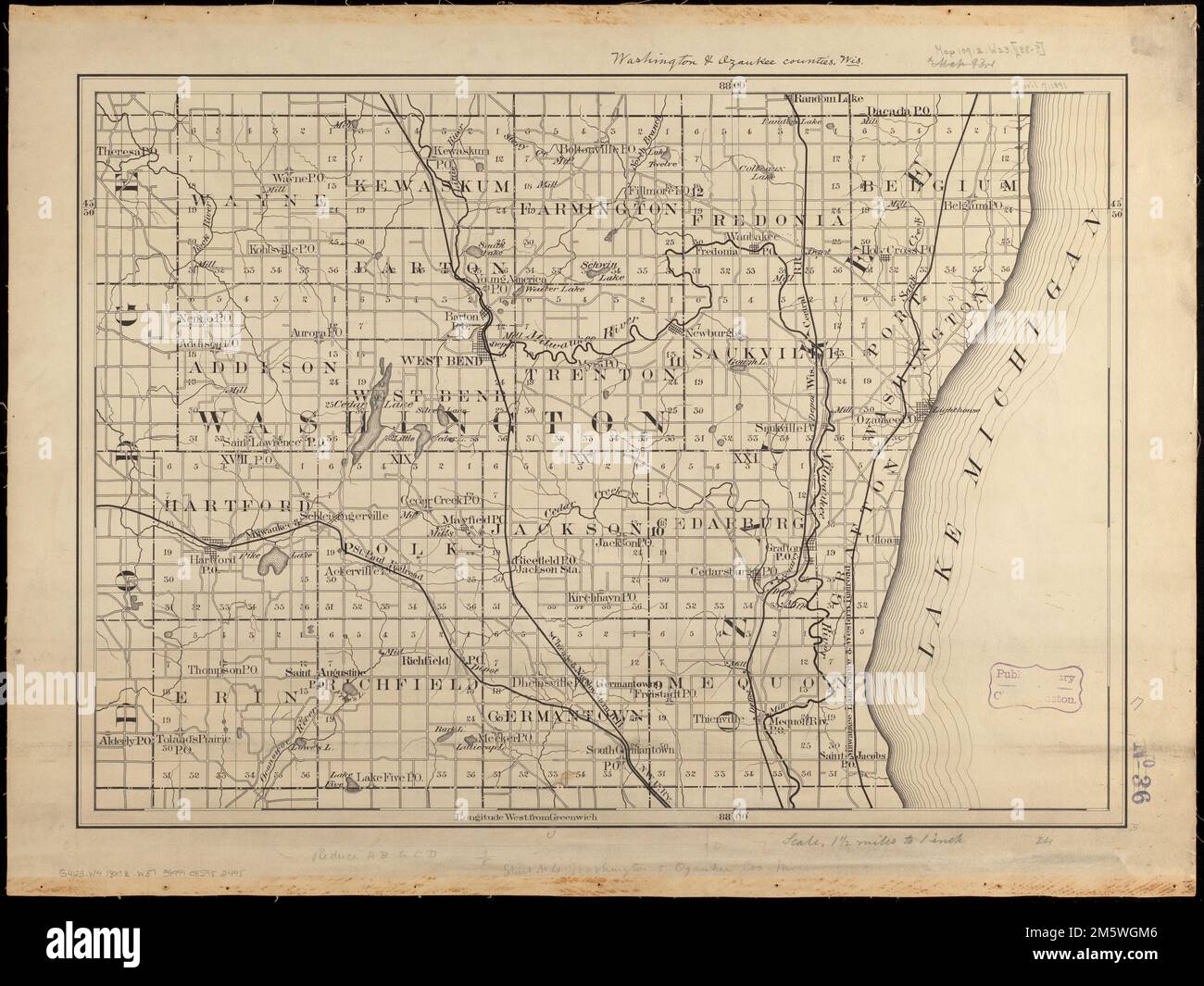 Washington & Ozaukee Counties, Wis.. Manuscript title in ink in upper ...