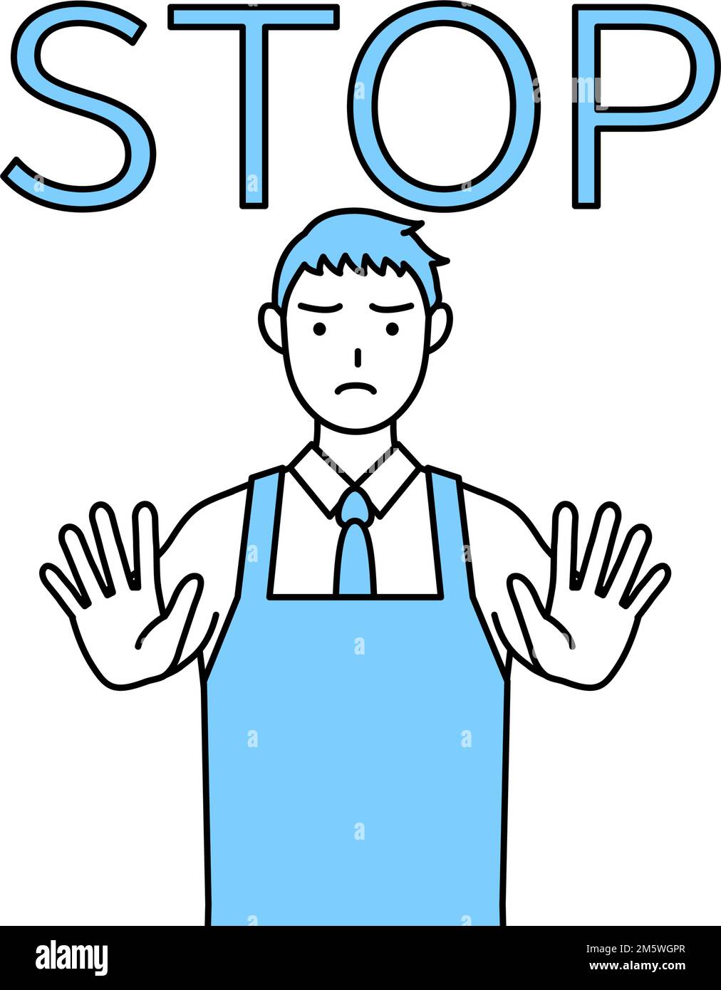 A man in an apron with his hand out in front of his body, signaling a ...