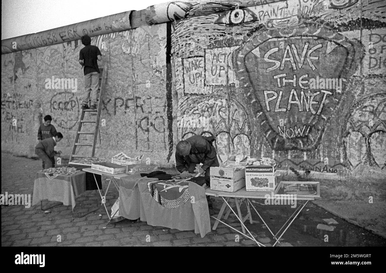 GDR, Berlin, 22, 02. 1990, Wall at Potsdamer Platz, Wall vendors and ...