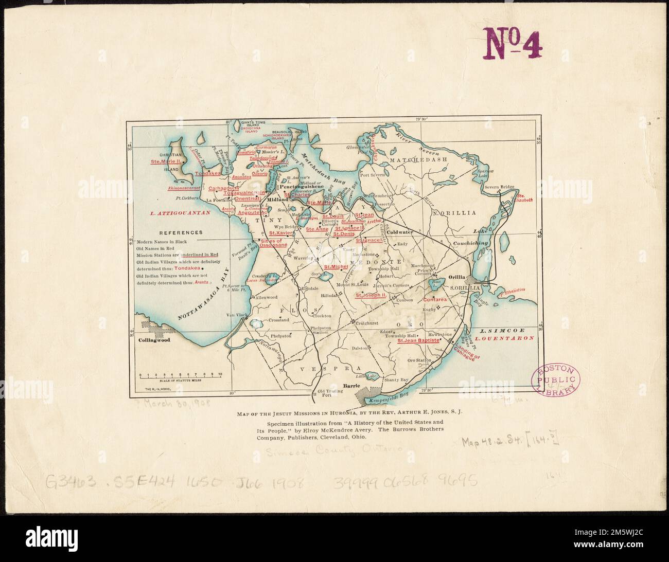 Map of the Jesuit missions in Huronia. Shows mission stations, Indian ...