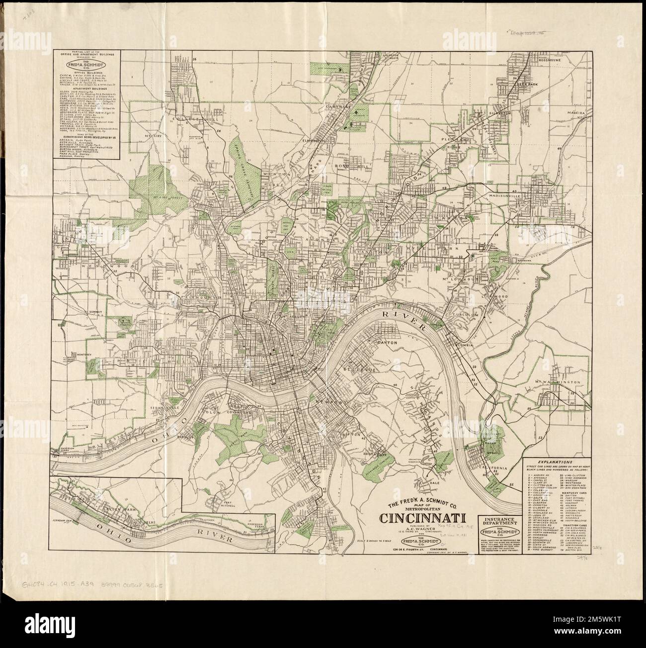 The Fred'k A. Schmidt Co. map of metropolitan Cincinnati. Includes: "Explanations" with key to ...