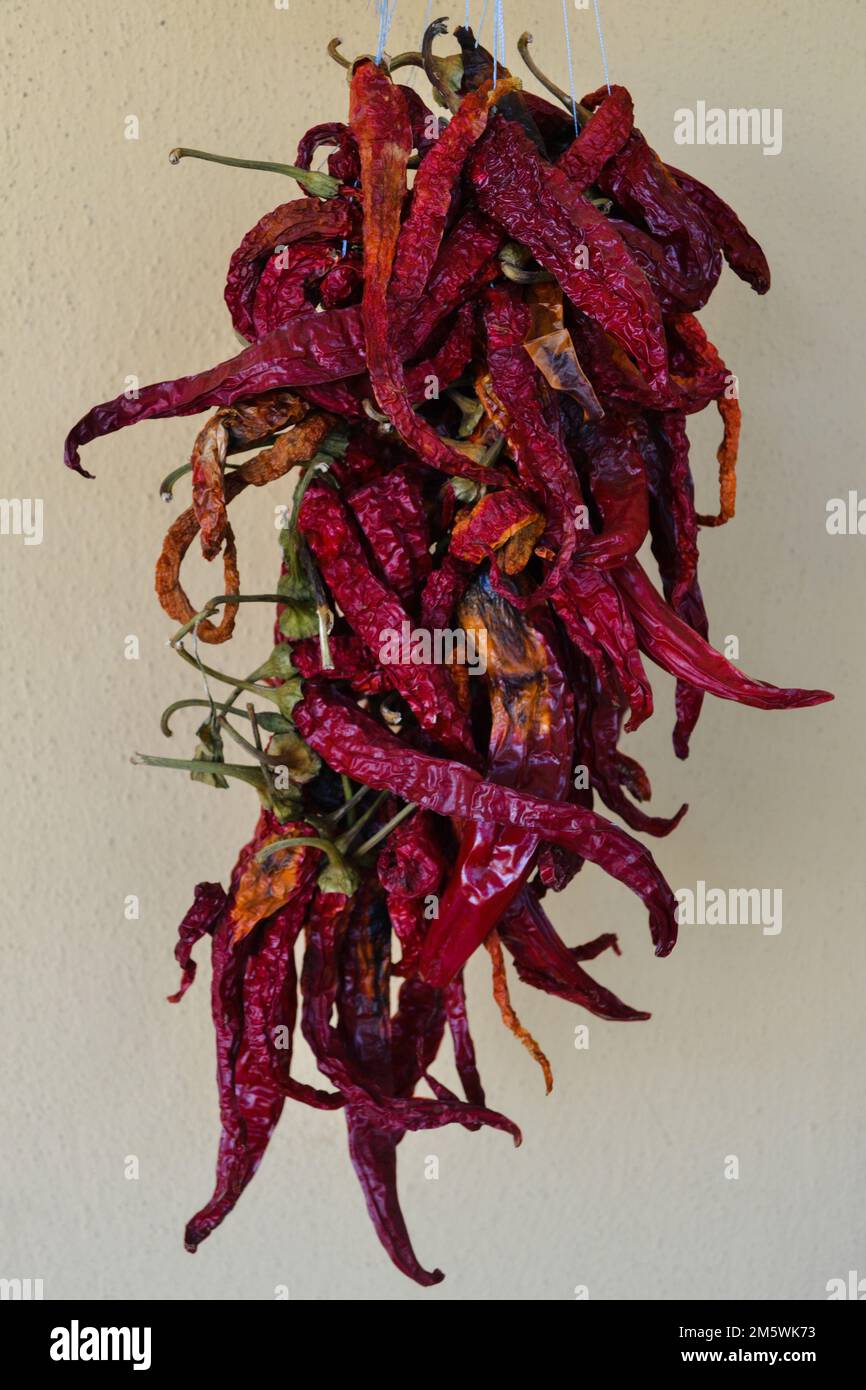 dried chilli hanging on rope food concept Stock Photo - Alamy