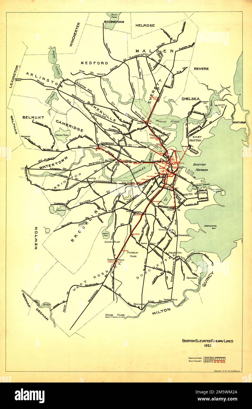 Boston Elevated Railway lines 1921. Shows surface lines, elevated and ...